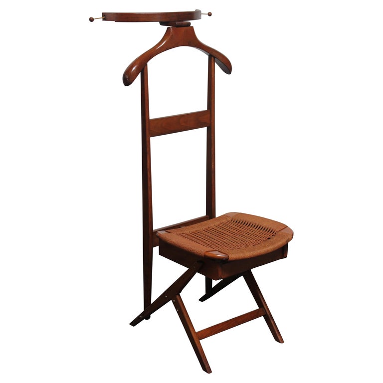 Mid-Century Italian Modern Walnut Valet with Woven Seat and Storage ...
