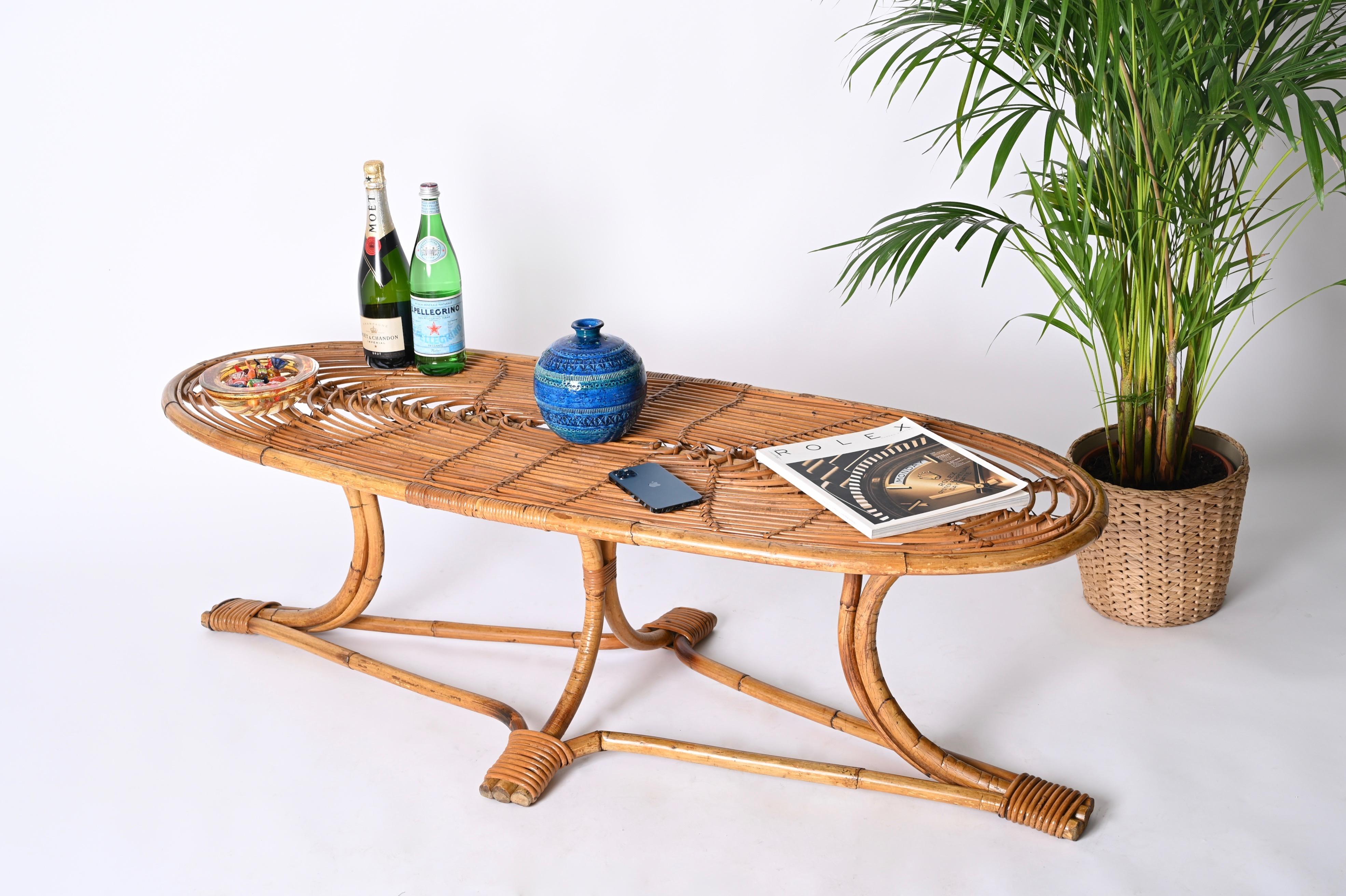 Mid-Century Italian Oval Bamboo and Rattan Coffee Table, Italy 1970s ...