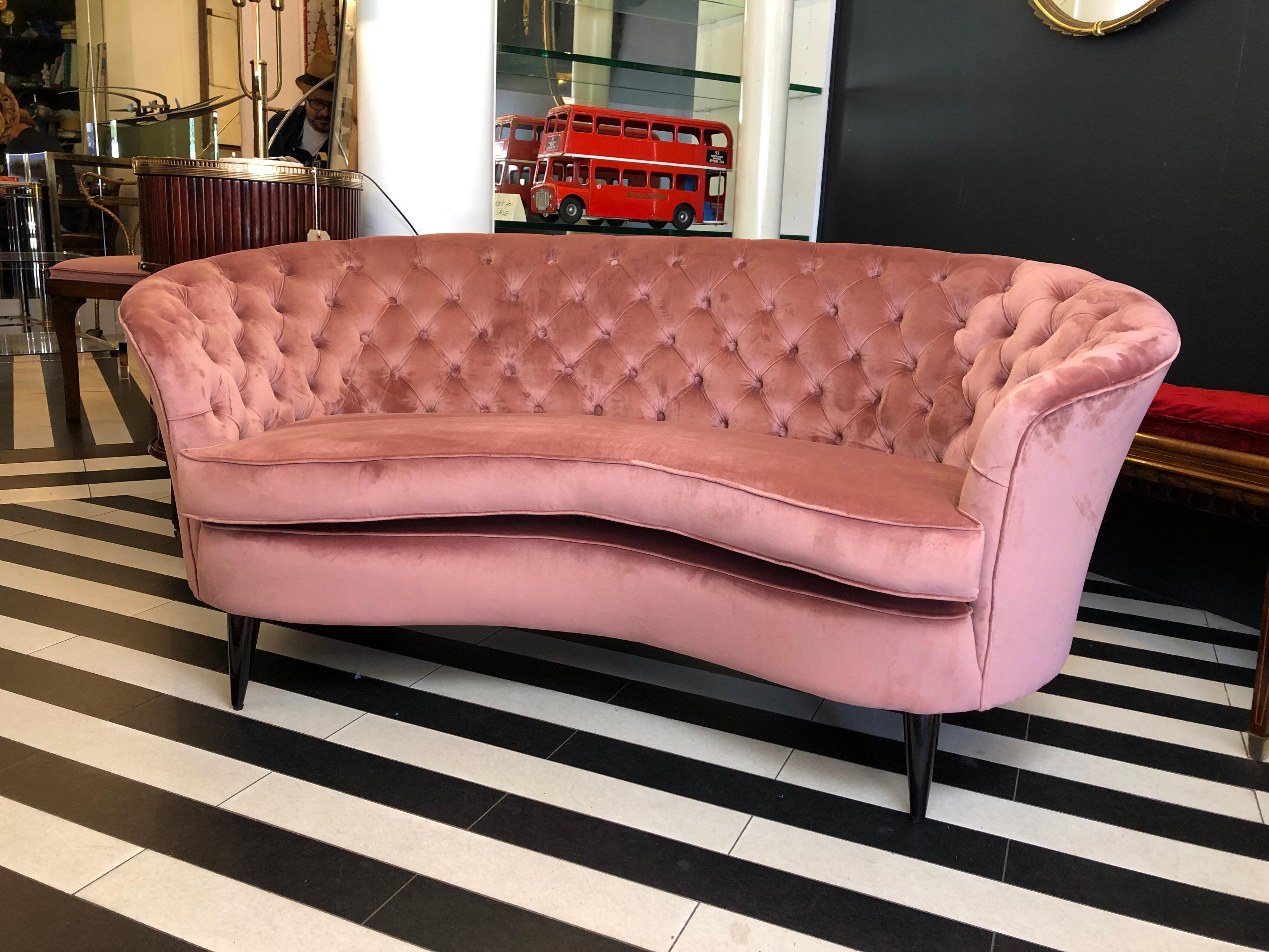 Mid-Century Italian Rose Pink Velvet Buttoned Two-Seat Sofa on Wooden ...