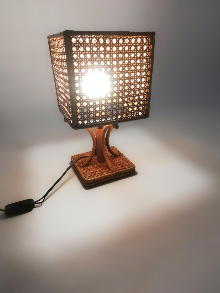 Mid-Century Italian Table Lamp in Wicker Cane Webbing and Rattan, 1960s ...
