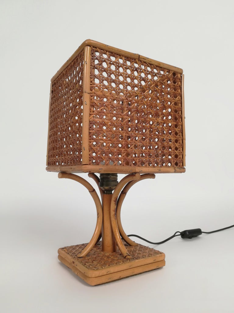 Mid-Century Italian Table Lamp in Wicker Cane Webbing and Rattan, 1960s ...