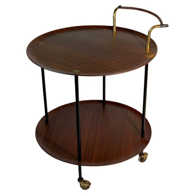 Mid-Century Italian Trolley with Tray Tops, Brass and Leather-Covered ...