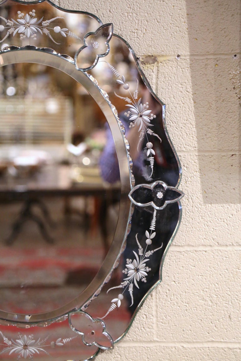 Midcentury Italian Venetian Oval Beveled Mirror with Painted Floral ...