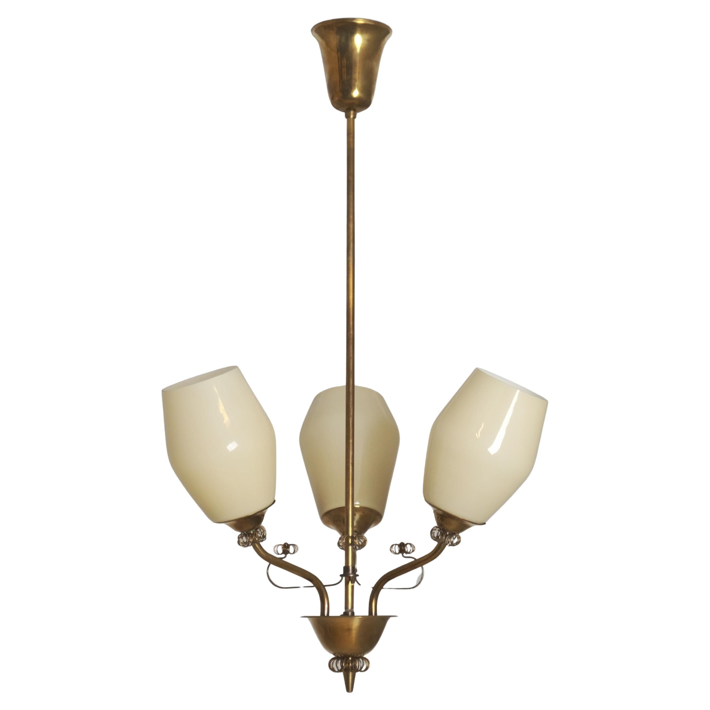 Vintage Itsu Chandelier Model ER 94/3 in Brass and Pearl White, Finland ...