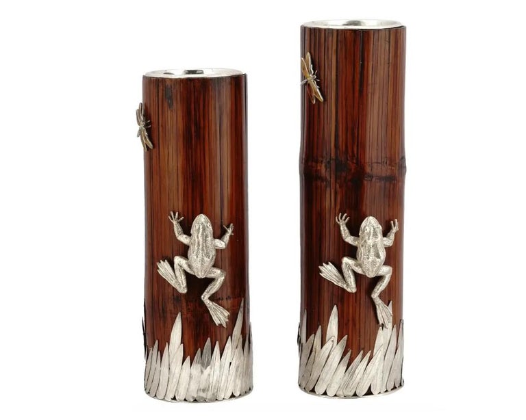 Midcentury Japanese Silvered Bronze Bamboo Vases For Sale at 1stDibs