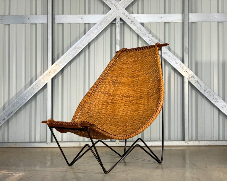 Midcentury John Risley Duyan Sling Lounge Chair in Rattan, Teak and ...