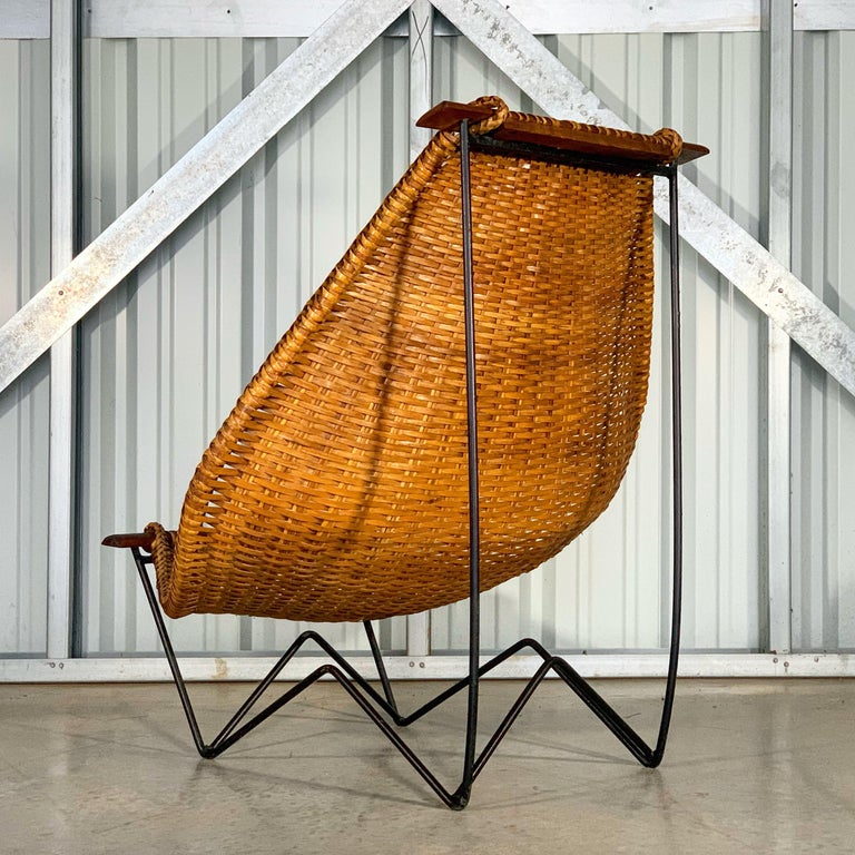 Midcentury John Risley Duyan Sling Lounge Chair in Rattan, Teak and ...