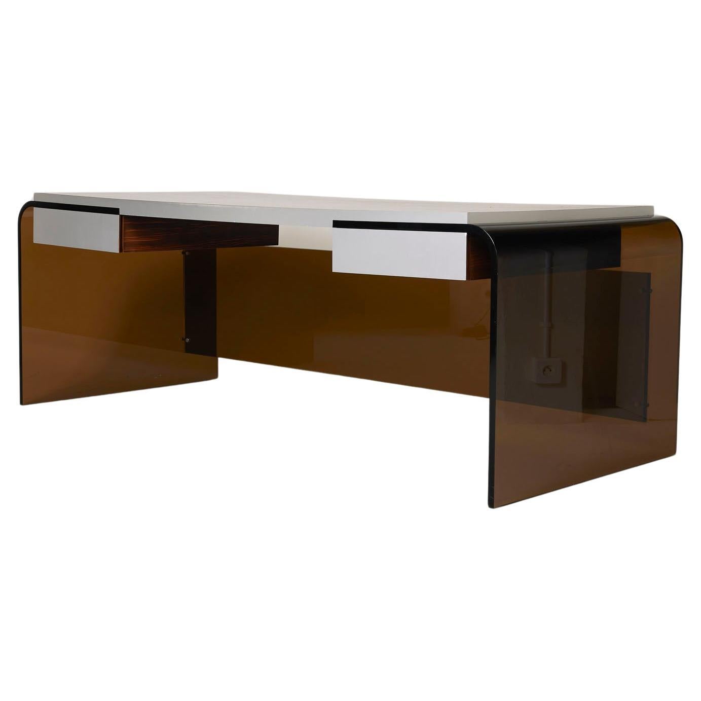 Mid-century large desk in plexiglass and ebony For Sale at 1stDibs