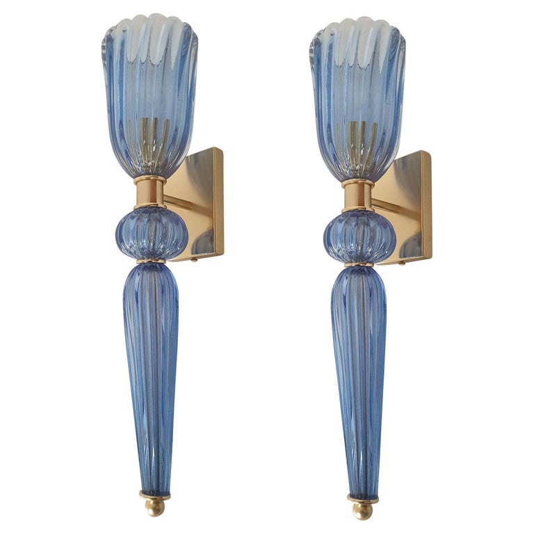 Mid Century Large Light Blue Murano Glass Sconces, Barovier Style - a ...