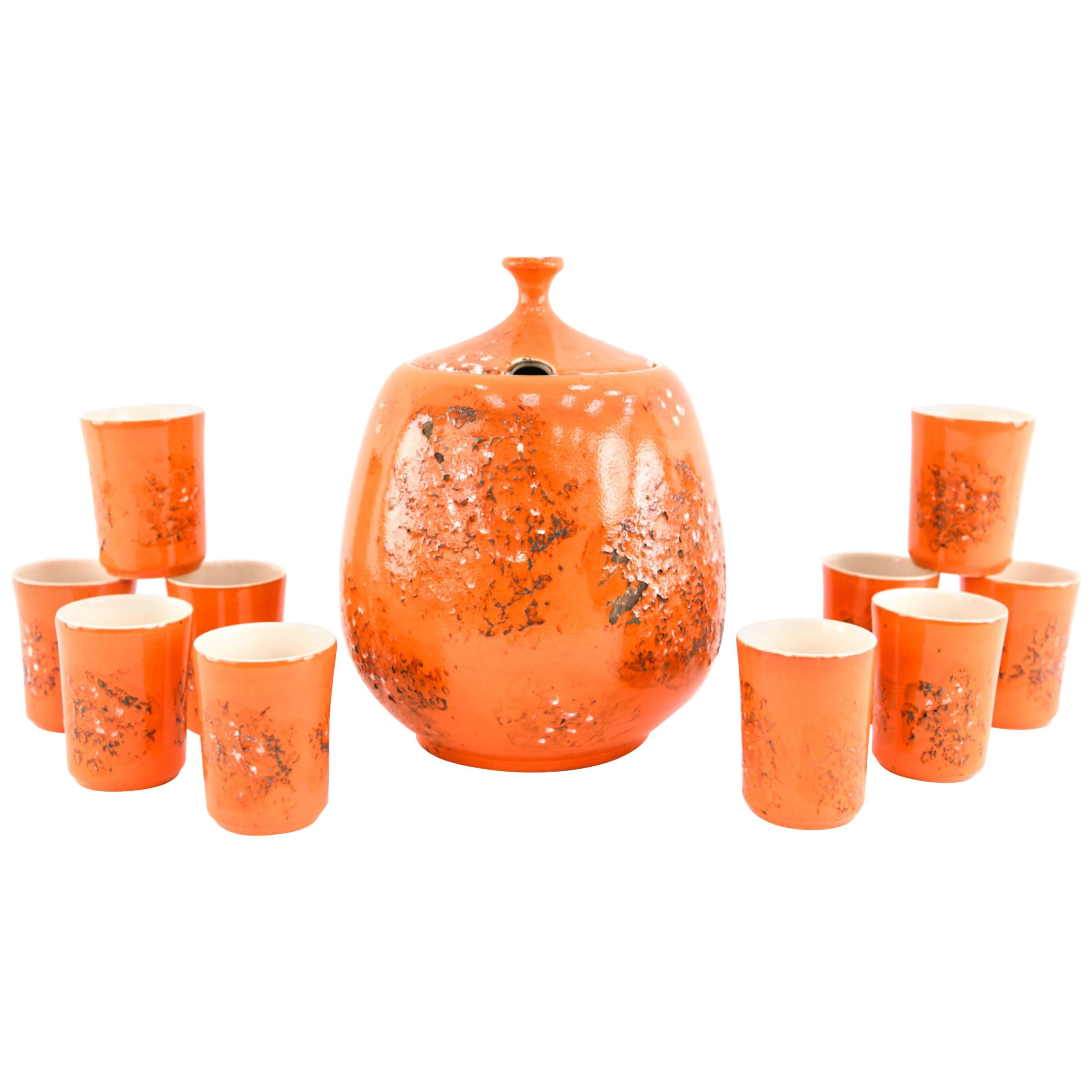 Midcentury German Ceramic Punch Bowl and Ten Cups For Sale at 1stDibs