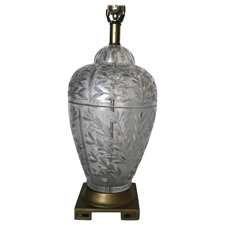 Midcentury Leaf Motif Cut Crystal Table Lamp with Brass Hardware For ...