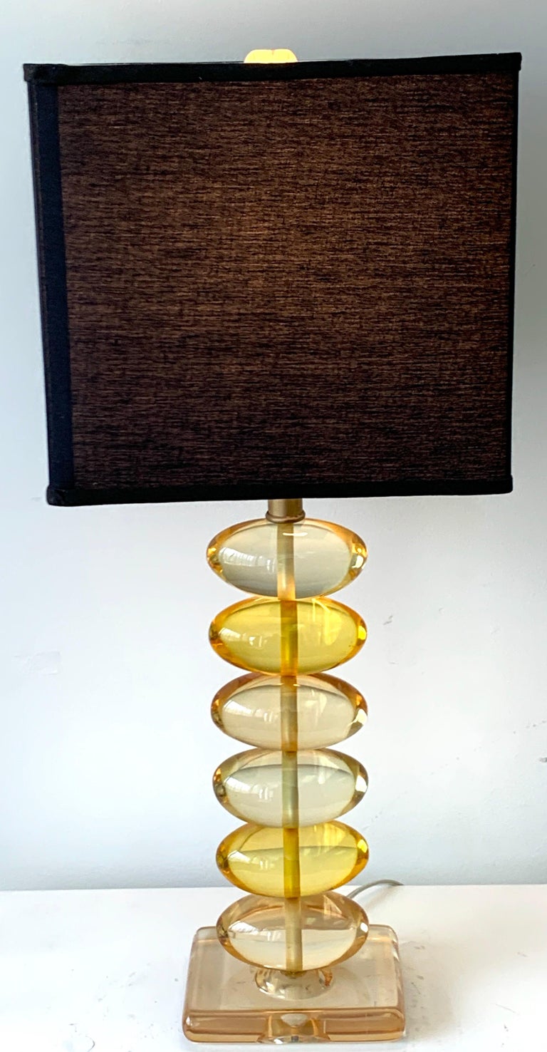Midcentury Lemon Yellow Lucite Stacked Ovid Lamp For Sale at 1stDibs