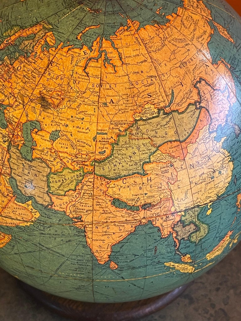 Mid-Century Lighted Glass Globe on Wood Stand by Replogle Globe For ...