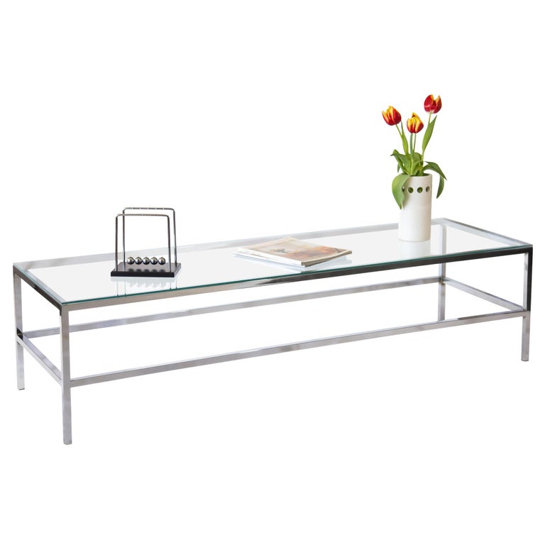 Mid-Century Long Low Chrome and Glass Coffee Table For Sale at 1stDibs