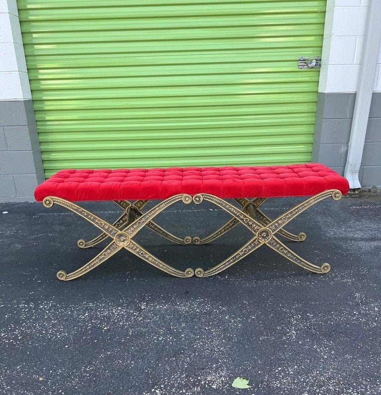 Mid-Century Louis XIV Style Gold Double X Bench in Red Velvet For Sale ...