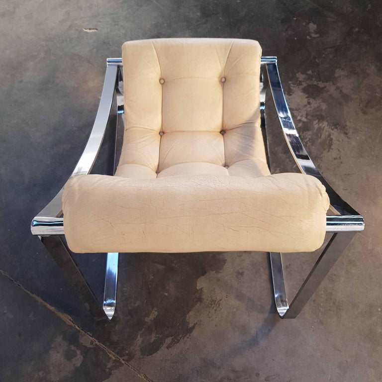 Midcentury Lounge Chair with Chrome Metal Covered in Cream Color Faux ...