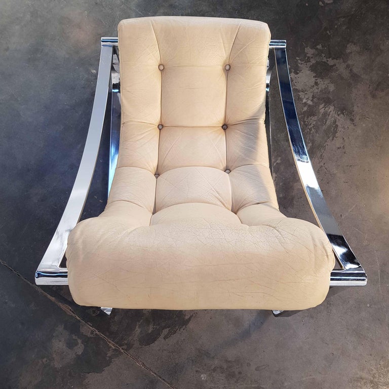 Midcentury Lounge Chair with Chrome Metal Covered in Cream Color Faux ...