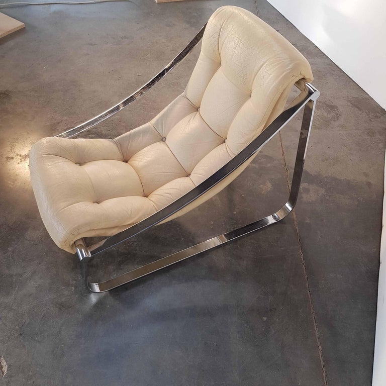 Midcentury Lounge Chair with Chrome Metal Covered in Cream Color Faux ...