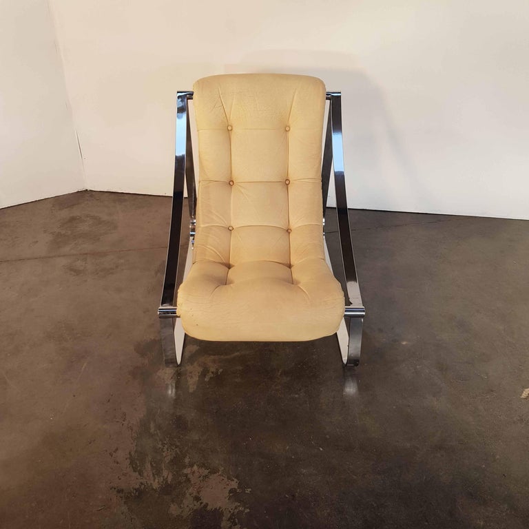 Midcentury Lounge Chair with Chrome Metal Covered in Cream Color Faux ...