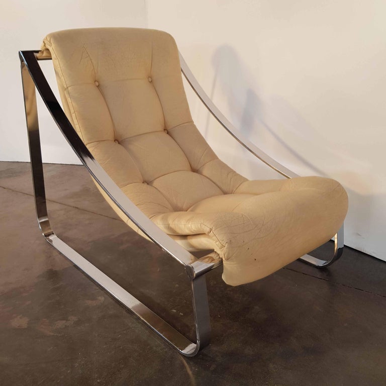 Midcentury Lounge Chair with Chrome Metal Covered in Cream Color Faux ...