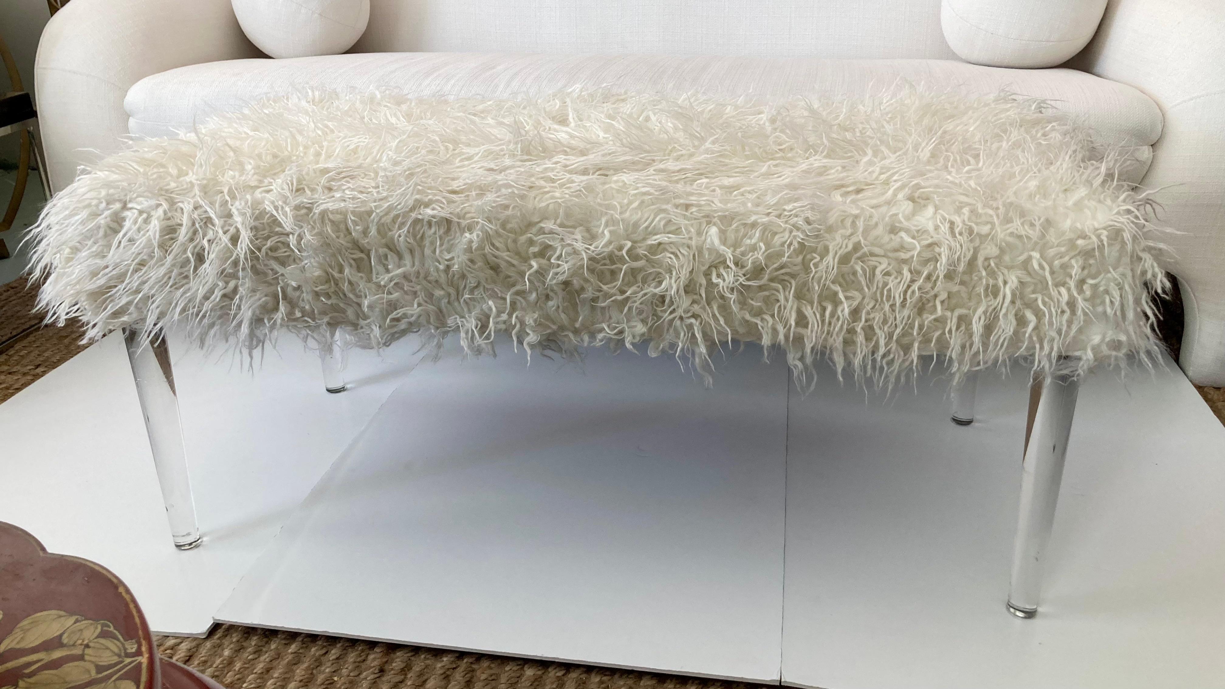 Mid-Century Lucite Bench With Curly Lamb Covering For Sale at 1stDibs