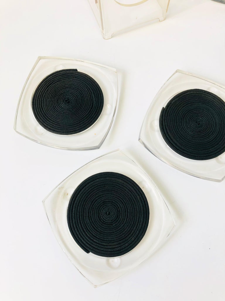 Mid Century Lucite Coasters, Set of 8 in Stand For Sale at 1stDibs