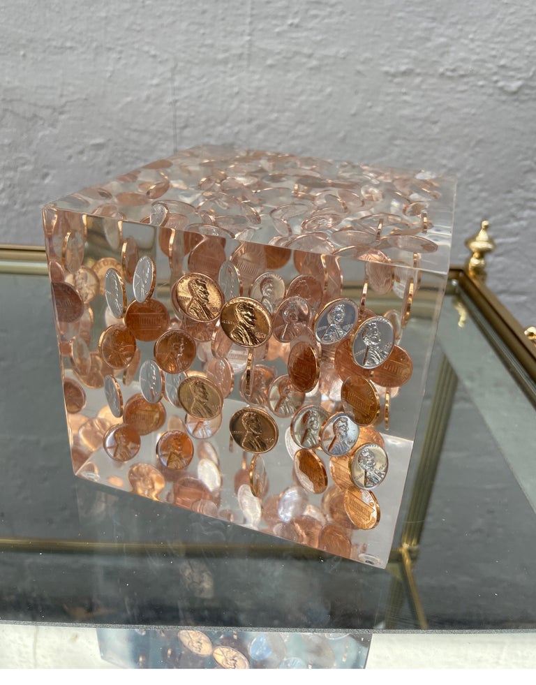 Mid Century Lucite Cube Penny Sculpture at 1stDibs