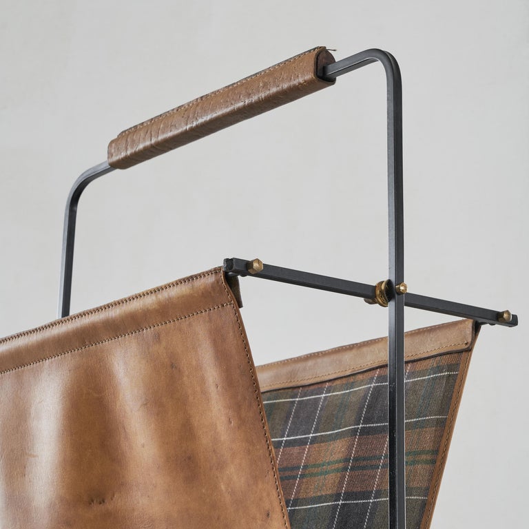 Mid-Century Magazine Rack in Patinated Cognac Leather, Brass and Metal ...