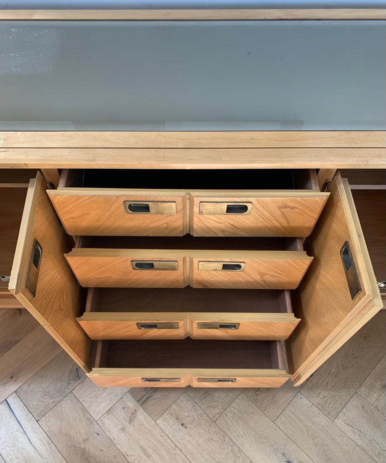 Mid Century Maple Wood Credenza with Smoked Glass Top Inlay by Stanley ...