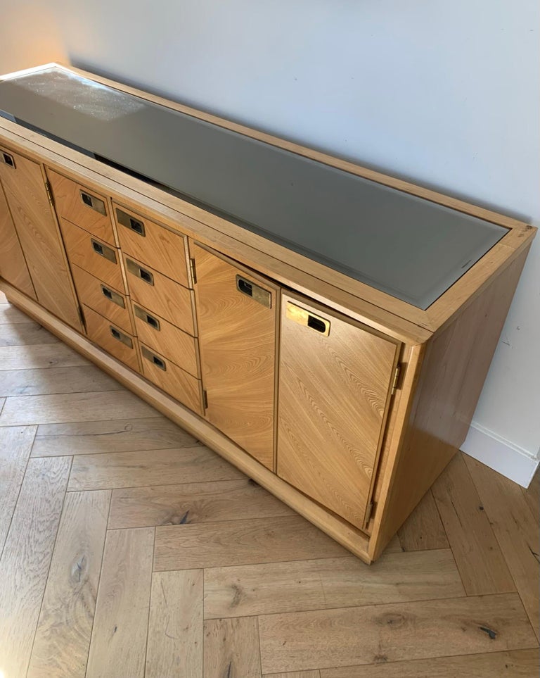 Mid Century Maple Wood Credenza with Smoked Glass Top Inlay by Stanley ...