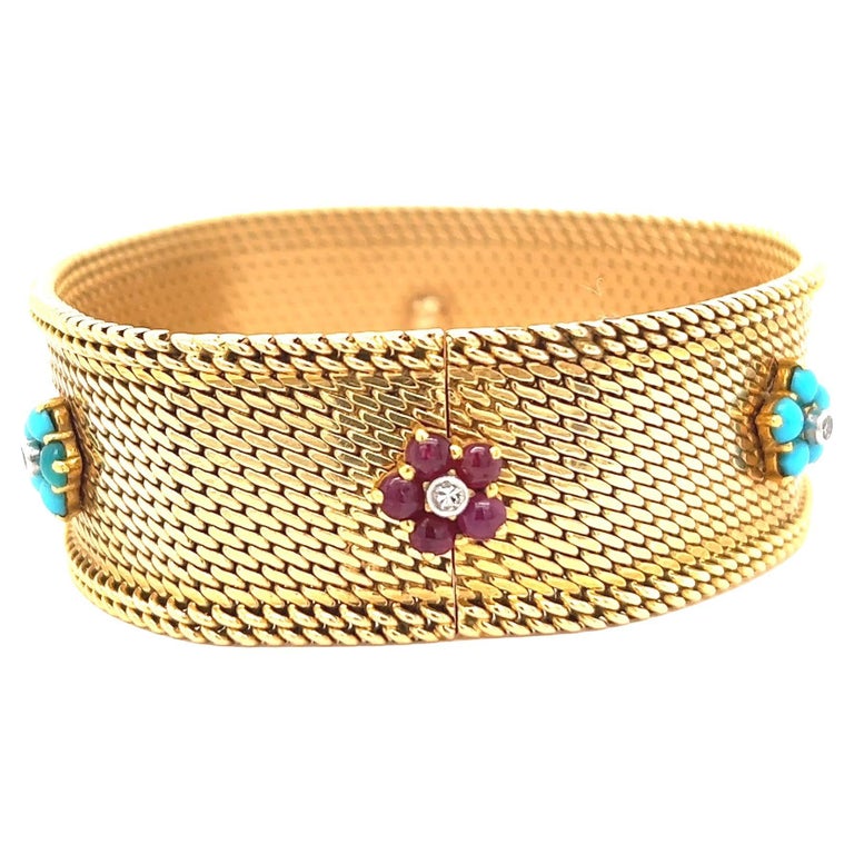 Mid-Century Marchak Paris Diamond Ruby Turquoise 18 Karat Gold Bracelet ...
