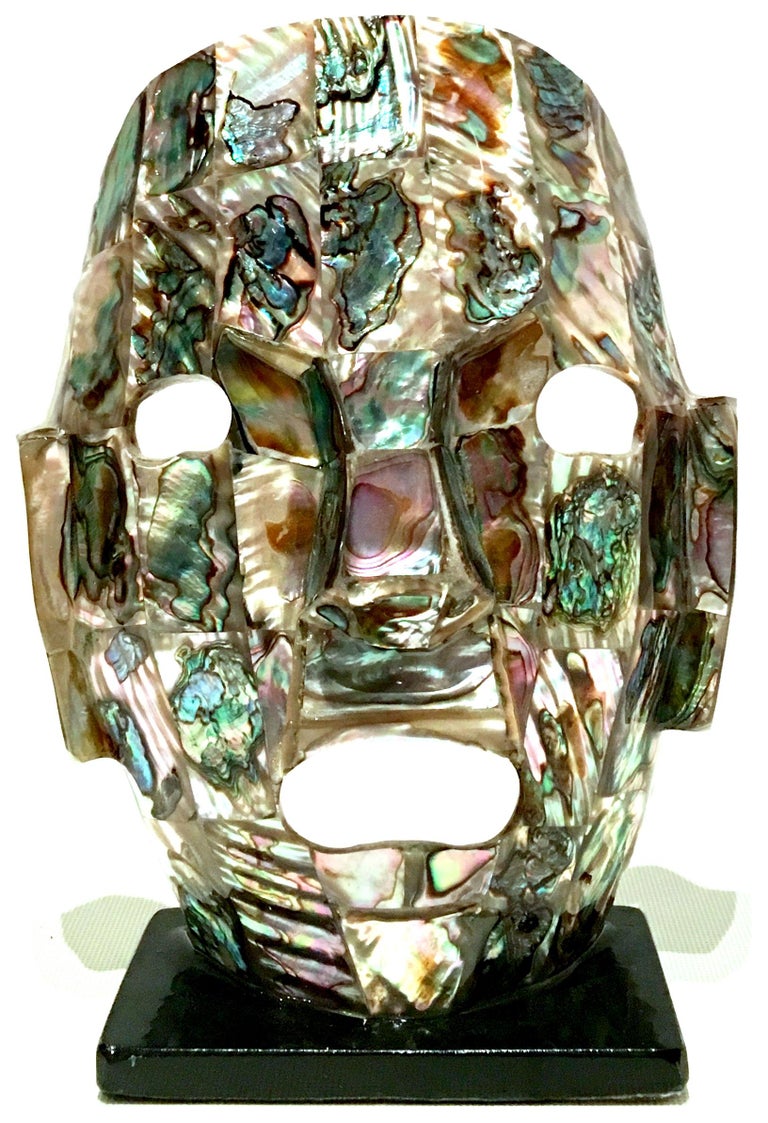 Midcentury Mayan Style Pair of Ceremonial Abalone Mounted Mask ...