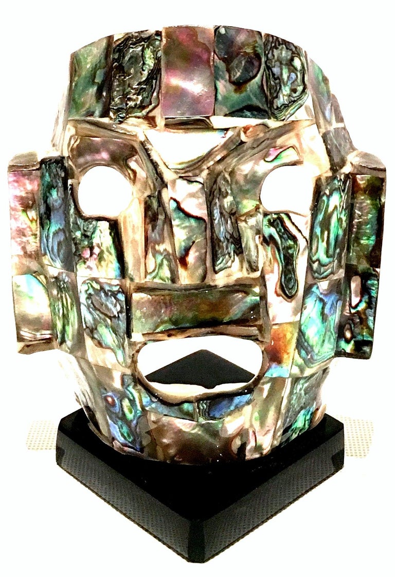 Midcentury Mayan Style Pair of Ceremonial Abalone Mounted Mask ...