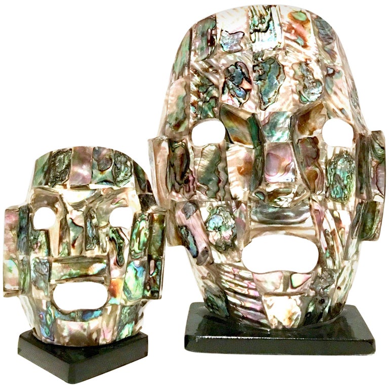 Midcentury Mayan Style Pair of Ceremonial Abalone Mounted Mask ...