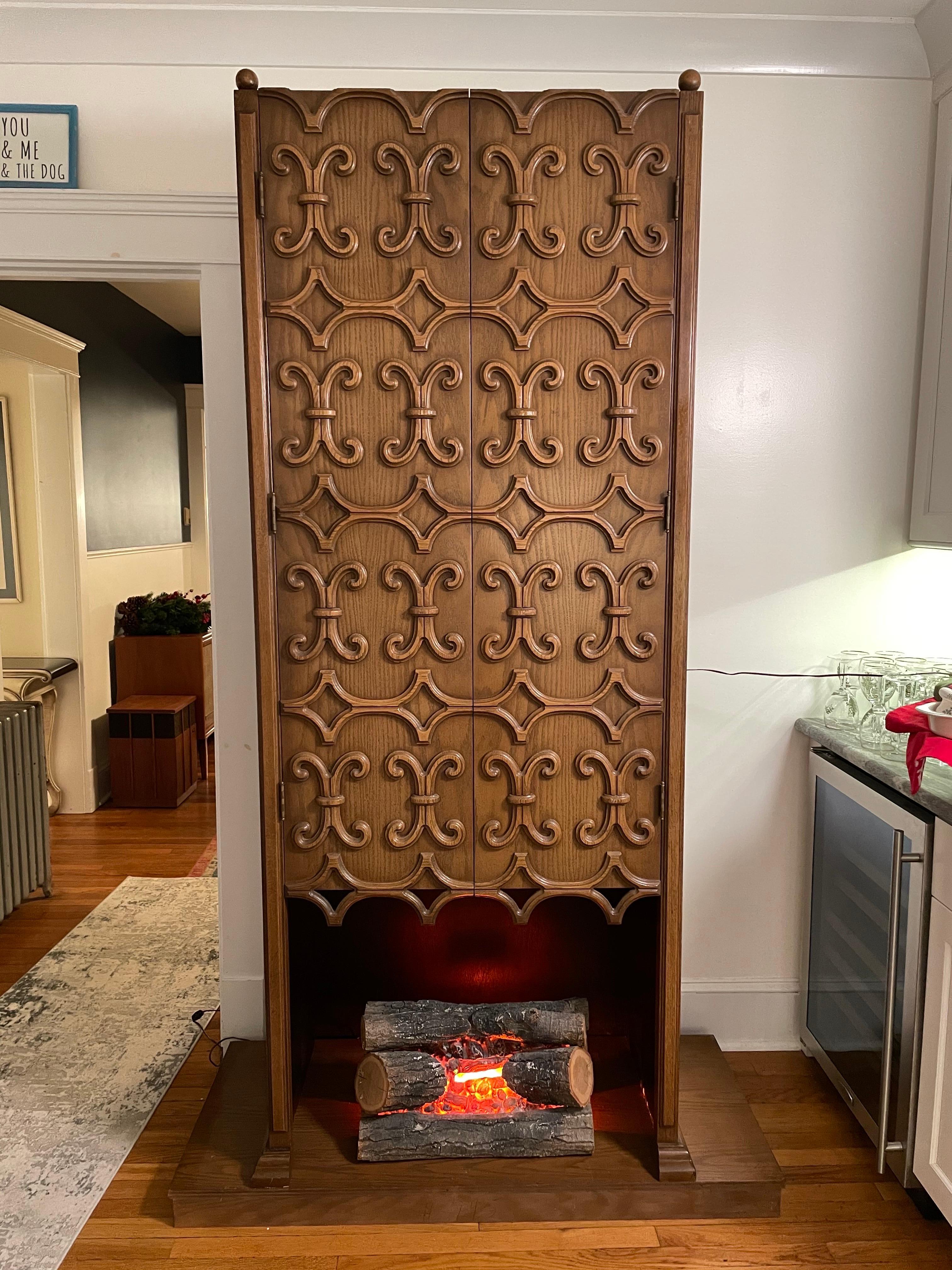 Midcentury Mediterranean Drop Front Dry Bar Cabinet For Sale at 1stDibs