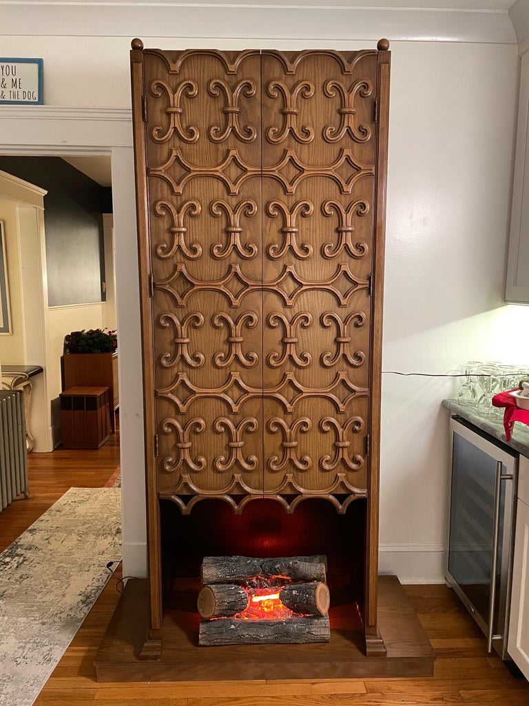 Mid Century Mediterranean Drop Front Dry Bar Cabinet For Sale at 1stDibs