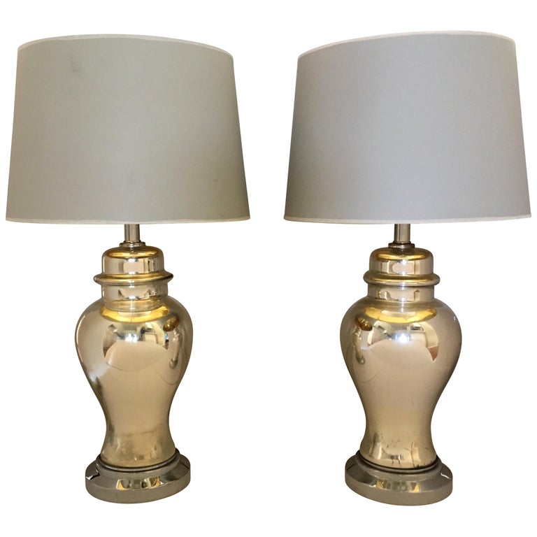 Mid-Century Mercury Glass Mirrored Silver Chrome Ginger Jar Table Lamps ...