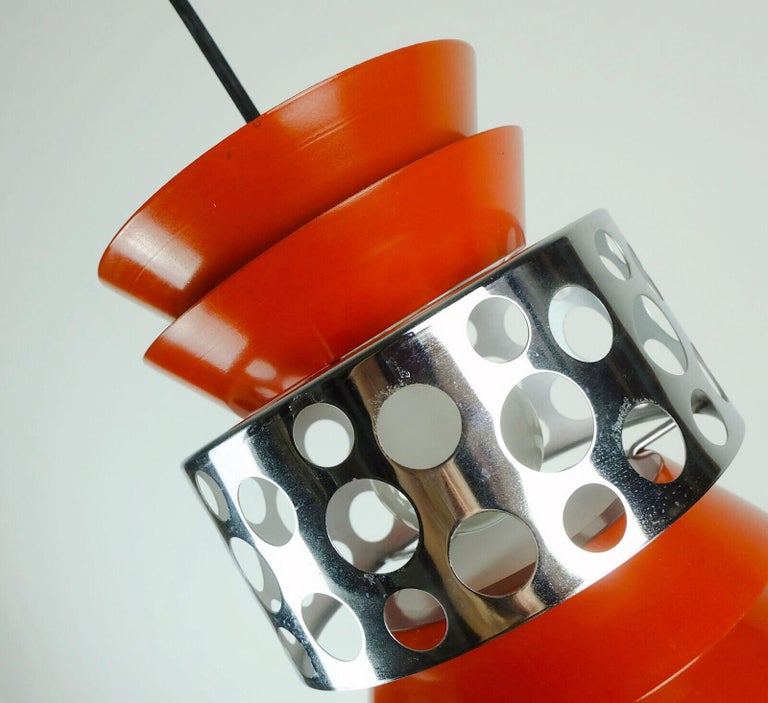 Midcentury Metal Pendant Light Red Metal and Chrome 60s 70s Danish ...