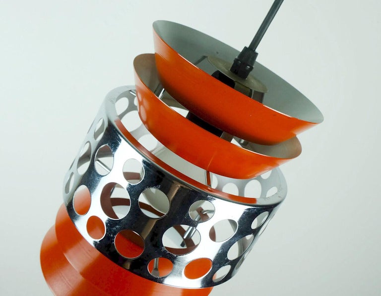Midcentury Metal Pendant Light Red Metal and Chrome 60s 70s Danish ...