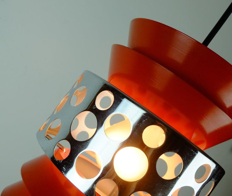 Midcentury Metal Pendant Light Red Metal and Chrome 60s 70s Danish ...