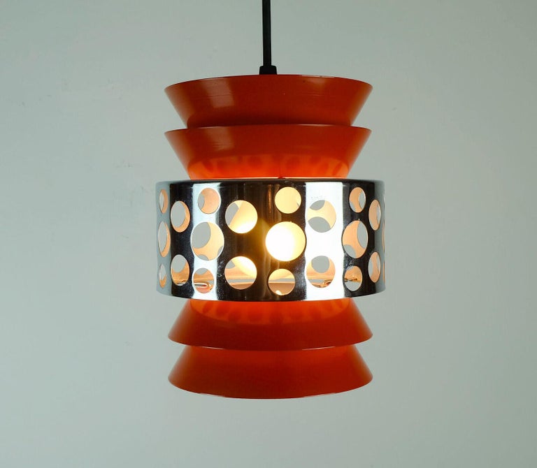 Midcentury Metal Pendant Light Red Metal and Chrome 60s 70s Danish ...