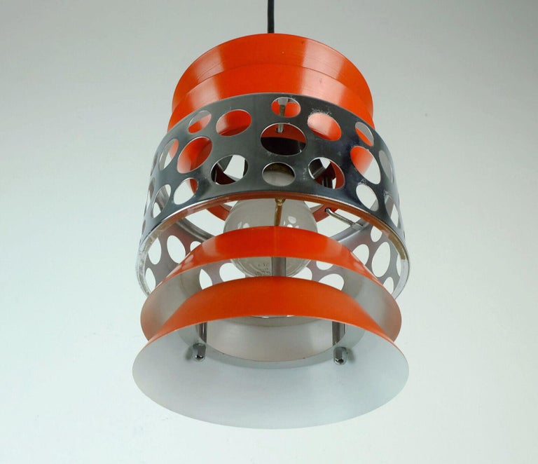 Midcentury Metal Pendant Light Red Metal and Chrome 60s 70s Danish ...