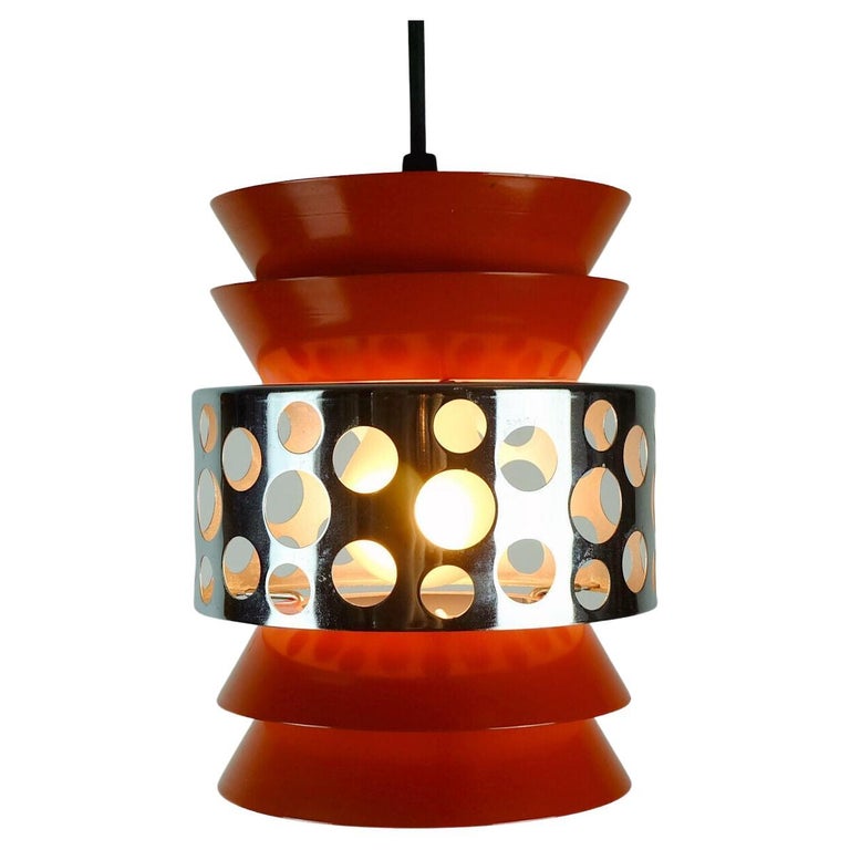 Midcentury Metal Pendant Light Red Metal and Chrome 60s 70s Danish ...