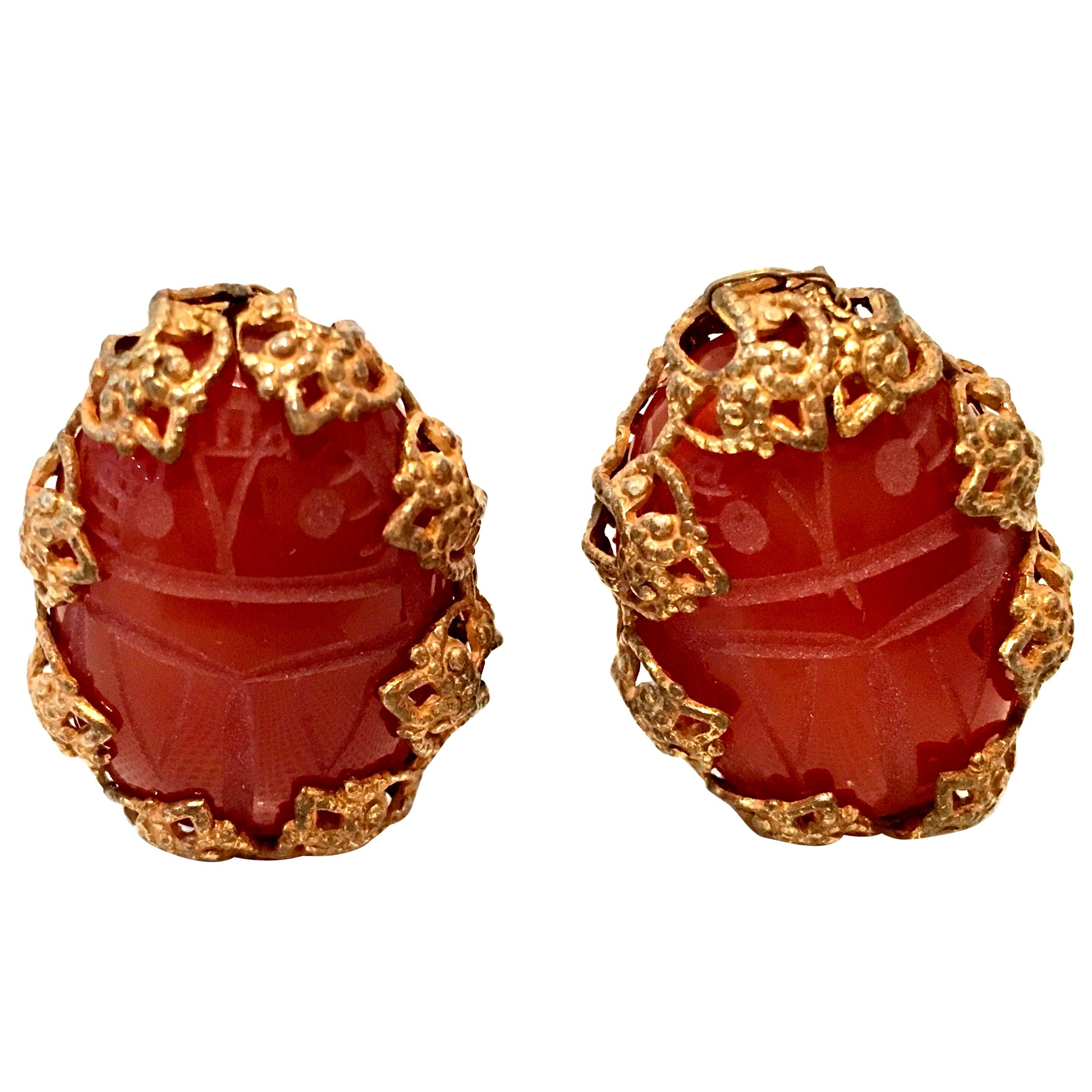 Mid-Century Mirian Haskell Russian Gold Carved Glass Scarab Earrings ...