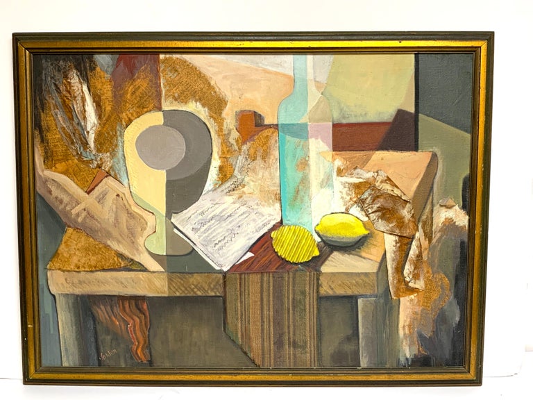 Midcentury Mixed-Media Cubist Still Life Oil on Canvas For Sale at 1stDibs