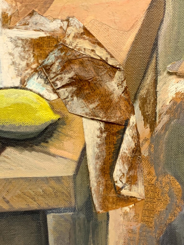 Midcentury Mixed-Media Cubist Still Life Oil on Canvas For Sale at 1stDibs