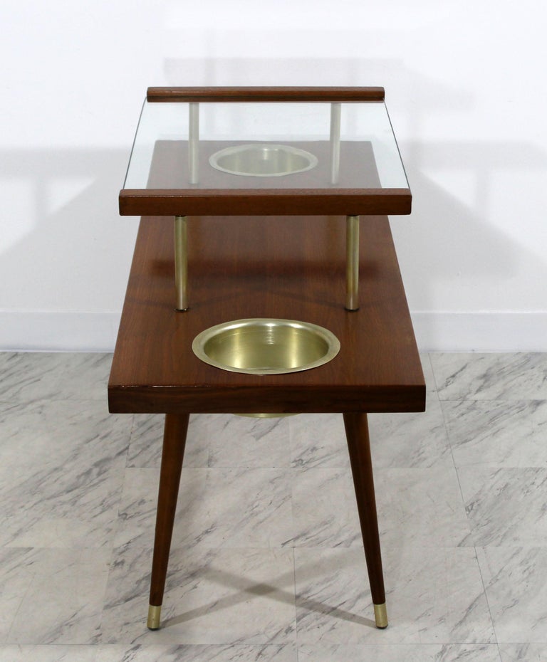 Mid-Century Modern 2-Tier Walnut Glass with Planters Coffee Table ...