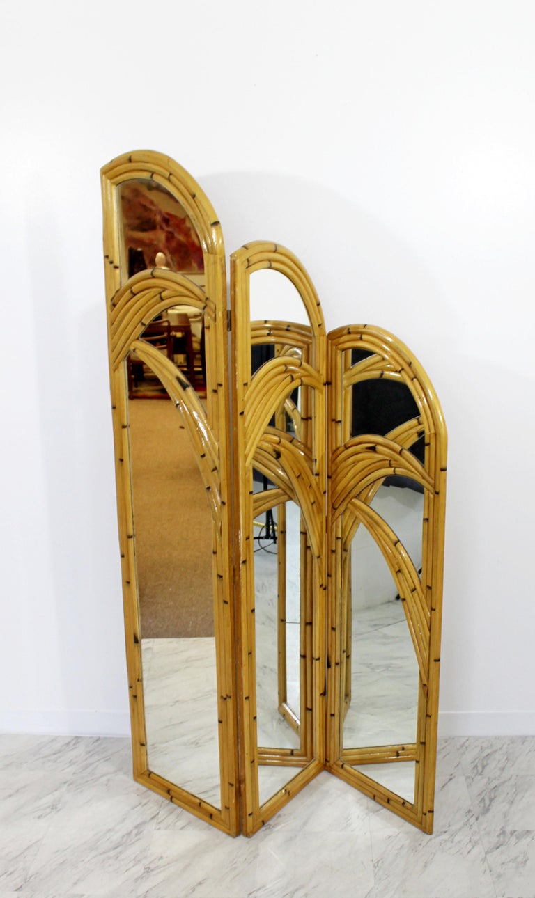 Mid-Century Modern 3 Panel Rattan and Mirror Folding Screen Room ...