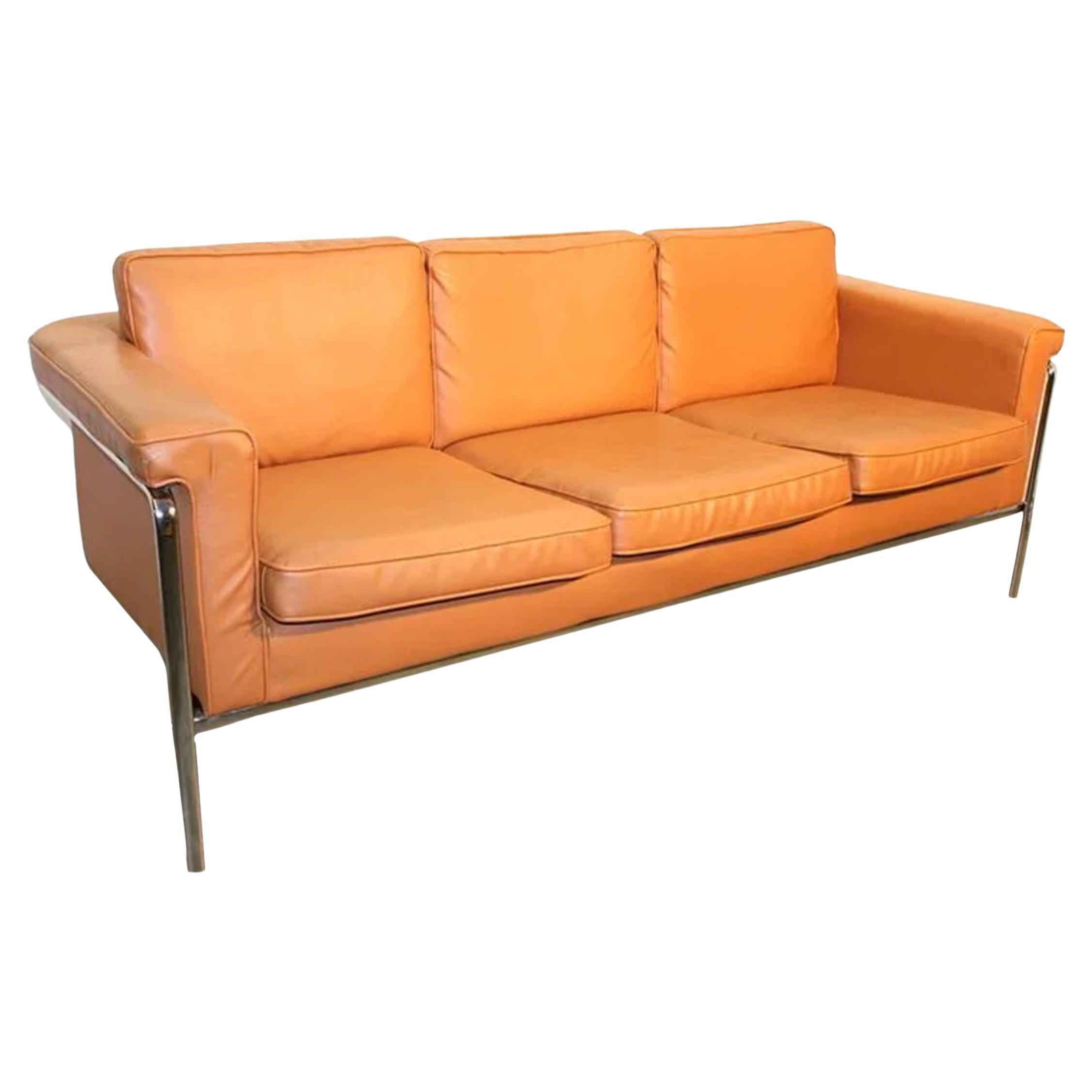 Mid Century Modern 3 seat Tan Leather Chrome frame sofa Style of Horst ...