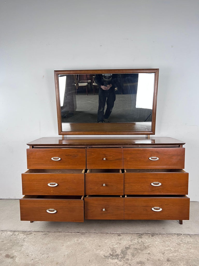 Mid Century Modern 9 Drawer Lowboy Dresser with Mirror For Sale at 1stDibs
